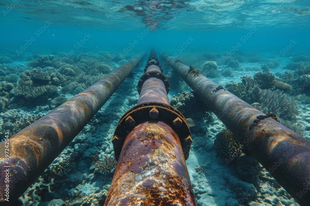 Two pipes are visible beneath the water surface, creating a simple yet ...