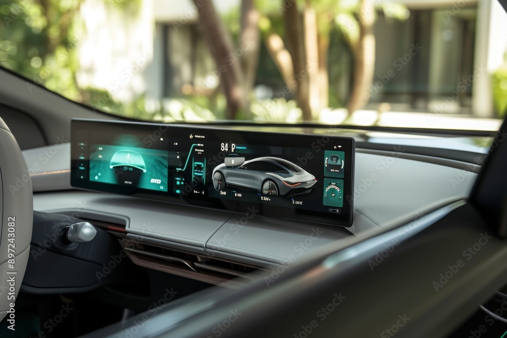 A cars dashboard with a comprehensive display showcasing various ...