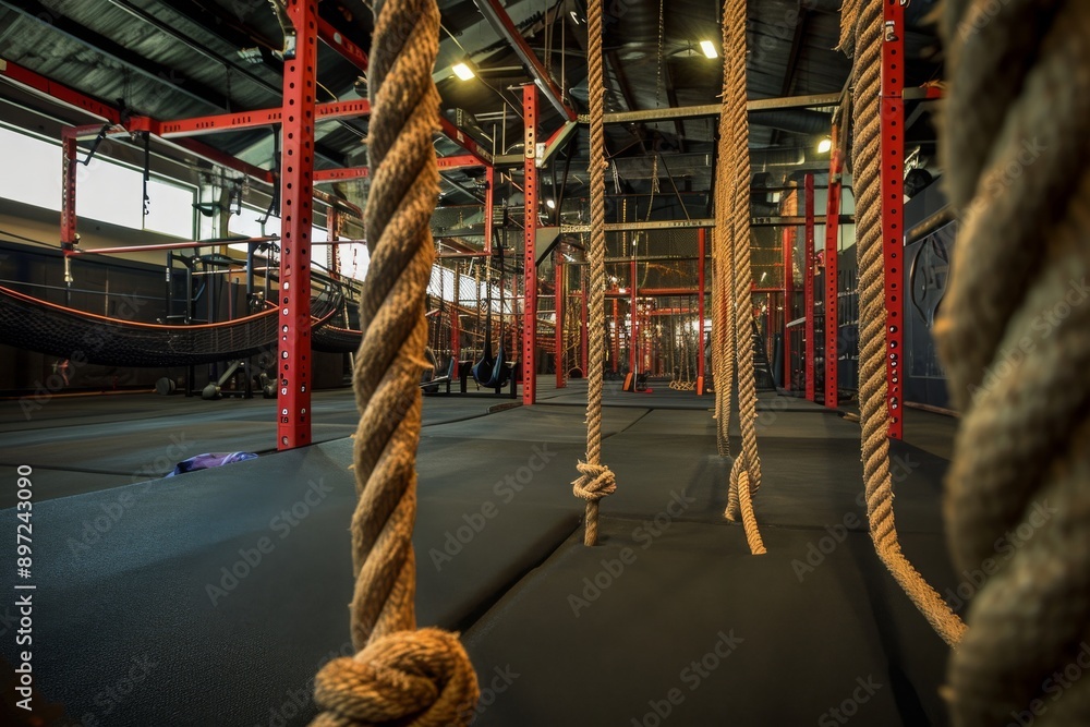 Multiple ropes are seen hanging from the ceiling of a gym, creating a ...