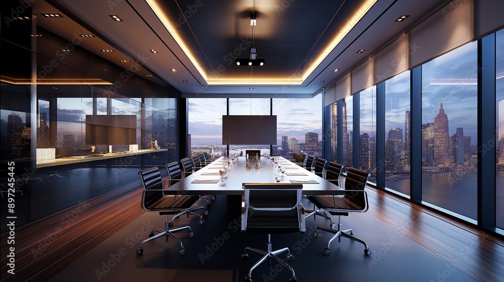 A modern meeting room with a sleek conference table, high-tech ...