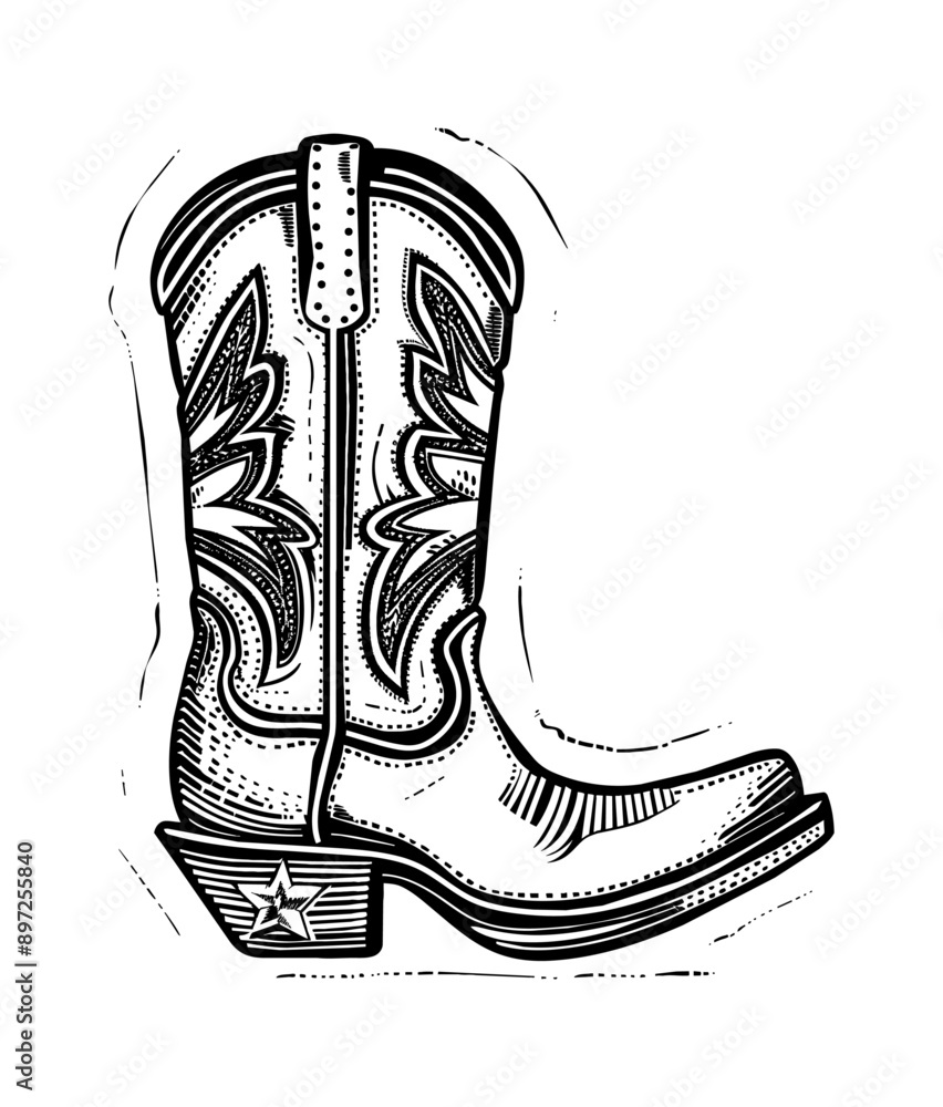 cowboy boot engraving black and white outline Stock Vector | Adobe Stock