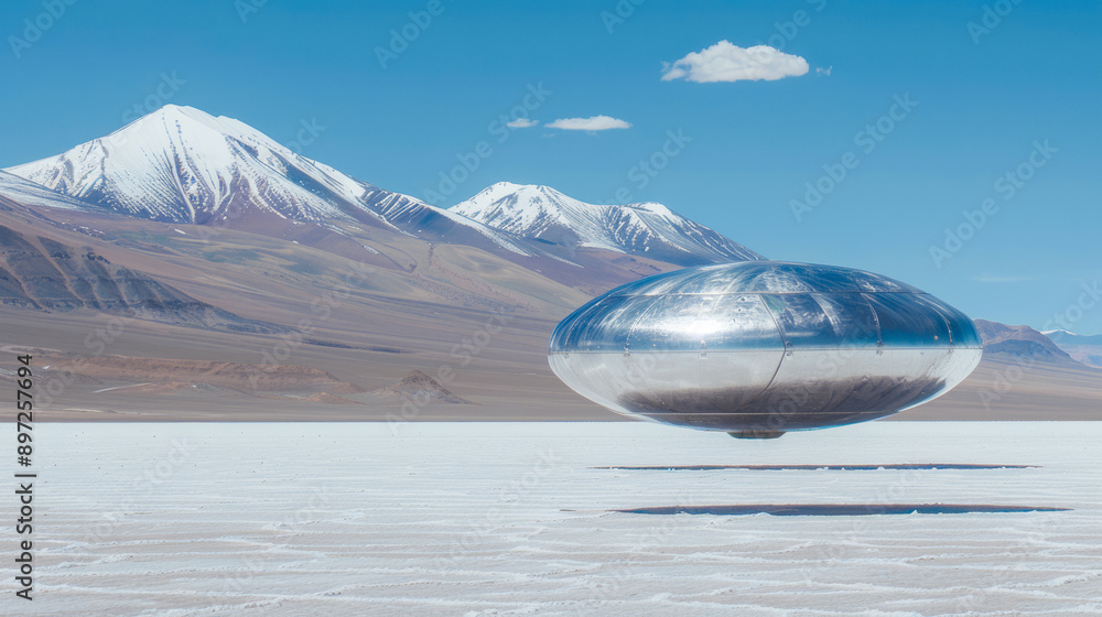 UFO above Salt Desert at Day: Silver Metallic Tic-Tac Shaped UAP UFO ...