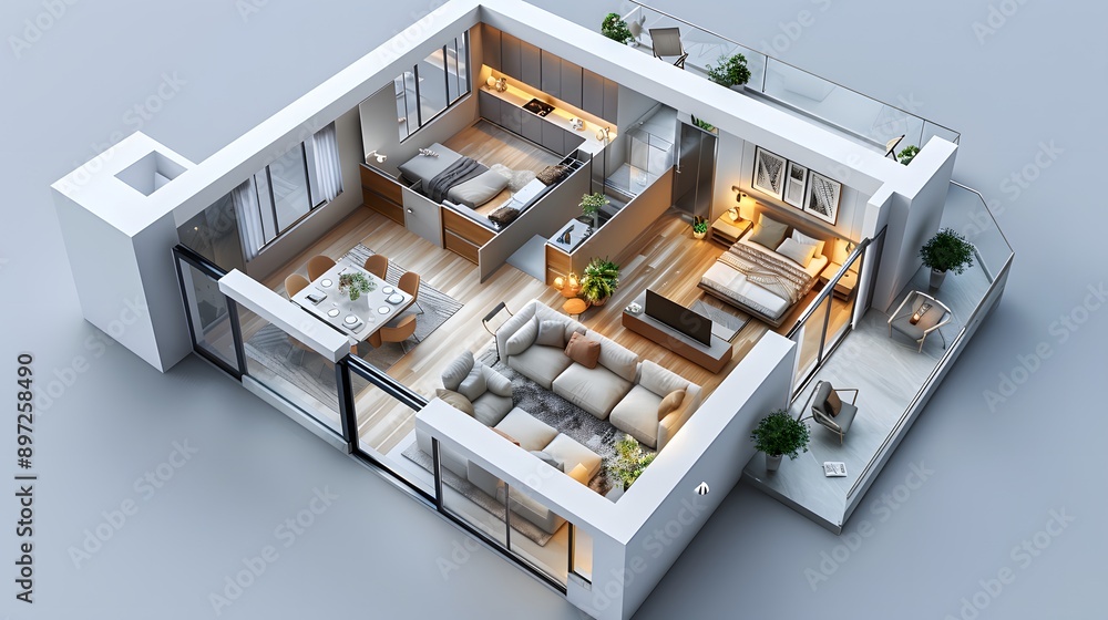 3D floor plan, modern apartment layout, isometric view, minimalist ...