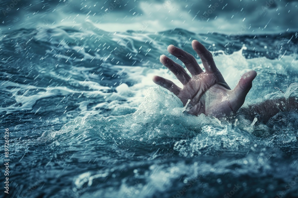 hand in storm sea asking help. person drowning and sinking Stock ...