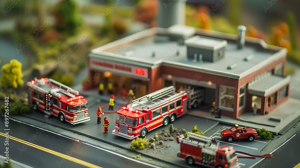 Miniature fire station with tiny fire trucks and firefighters Stock ...