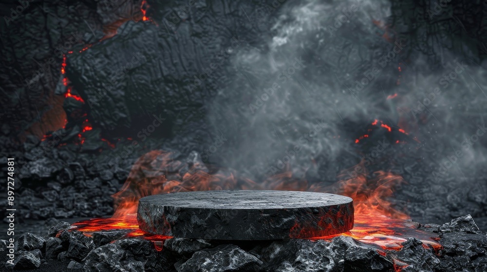 Stone floor with lava podium mountain fire smoke stage hot geometric ...