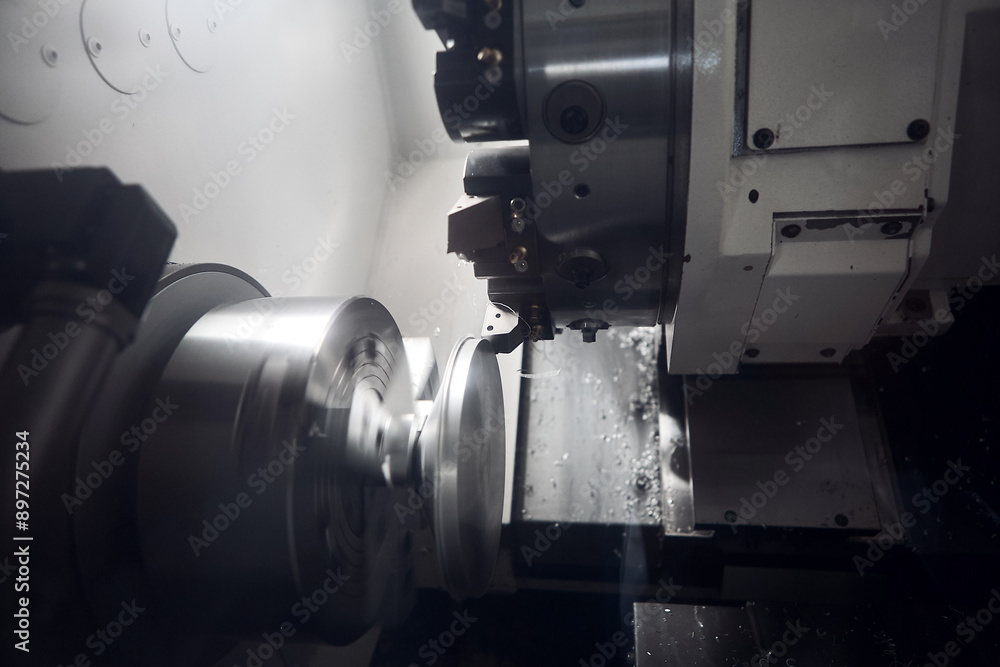 Cutting groove of turning and milling machine on a metal shaft. High ...