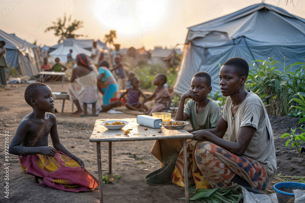 An African woman and two children eat lunch in a refugee camp with a ...