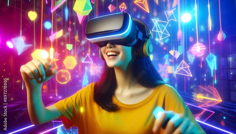 woman hacing fun in the metaverse rainbow pagasus imagination game ...