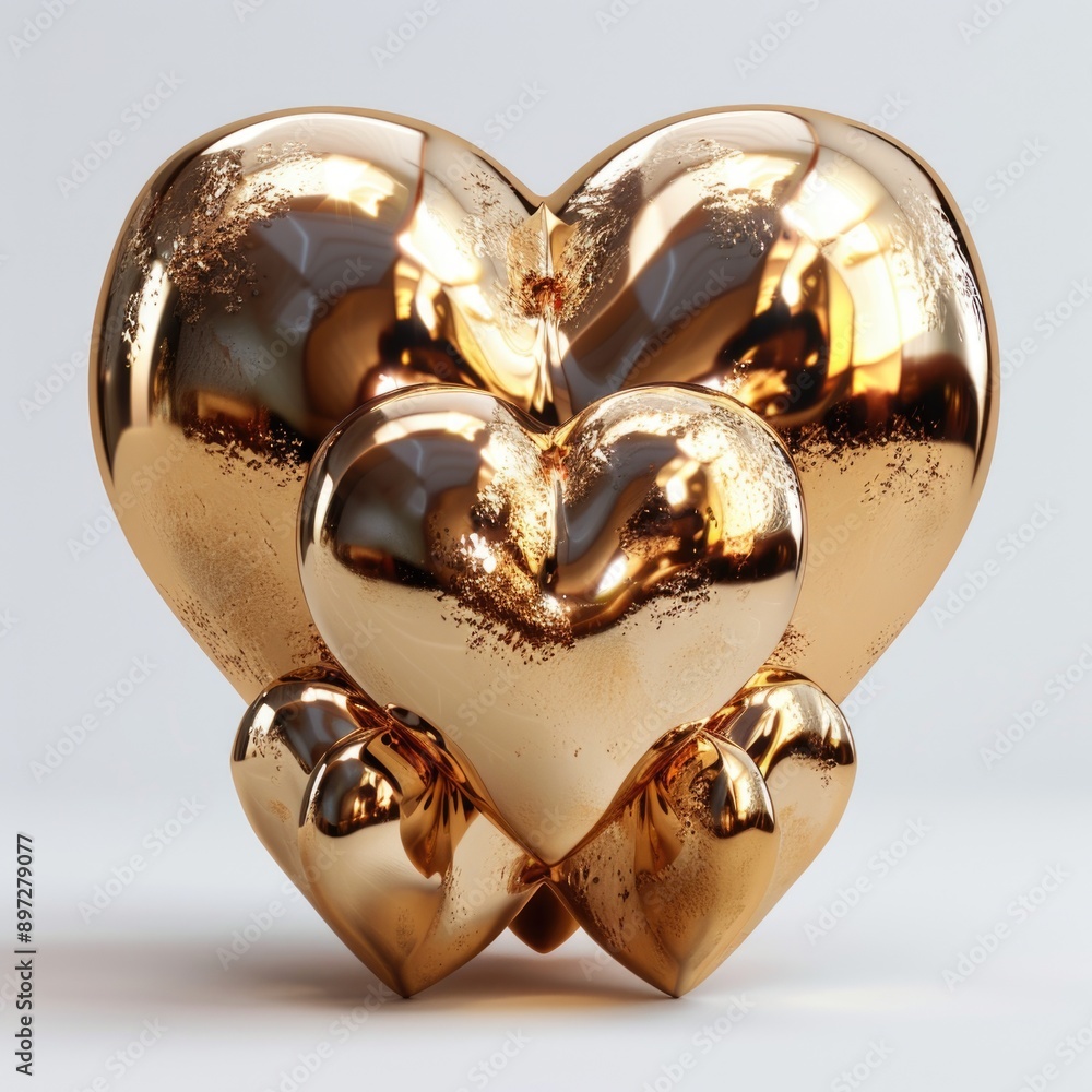 3D Gold Hearts PNG on Transparent Background - Shiny Metallic Clipart ...