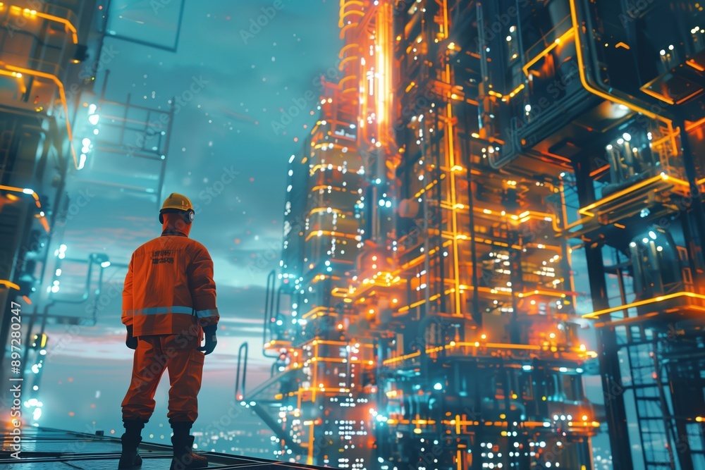 Offshore oil rig with engineer examining robotic arms under a digital ...