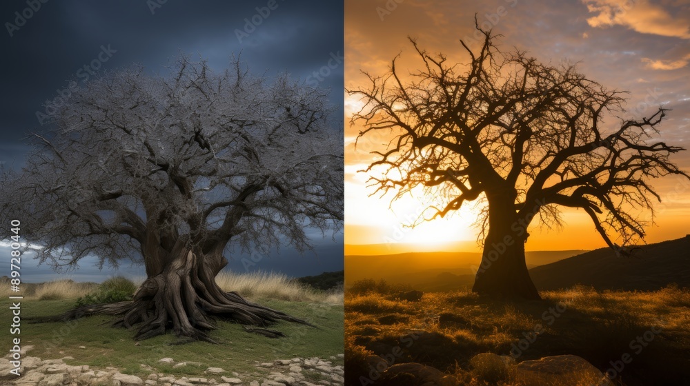 Climate change timeline contrasting summer and winter seasons in banner ...