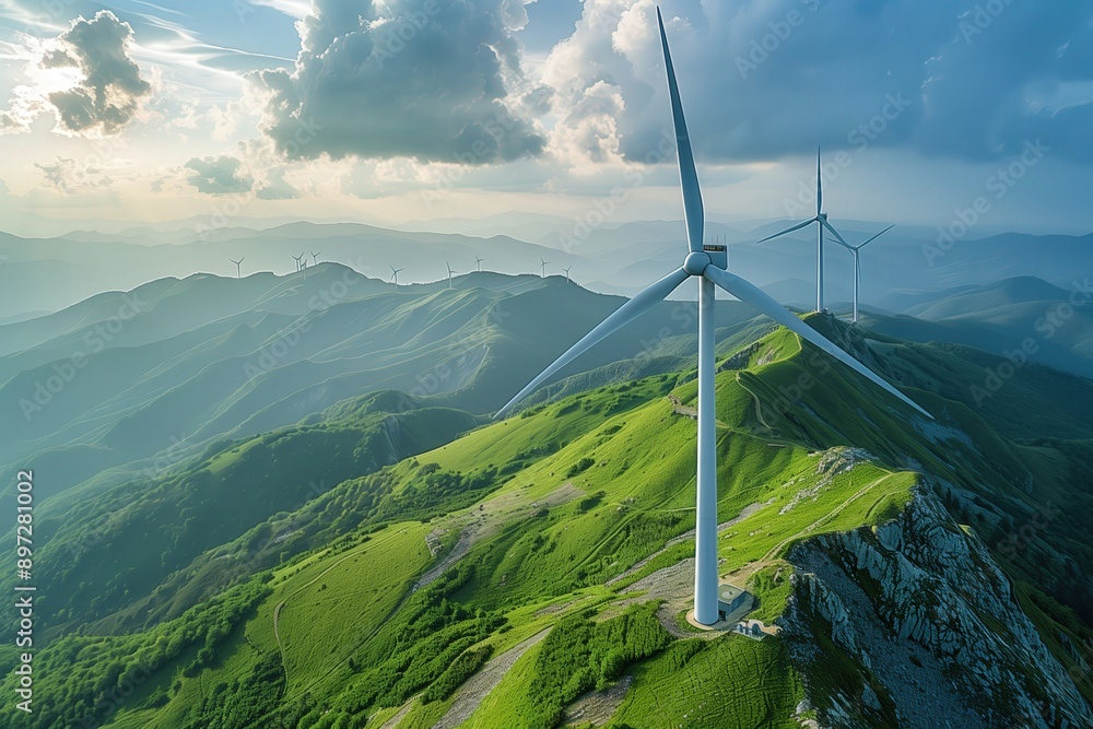 Wind turbines on a mountain ridge captured from above Realistic ...