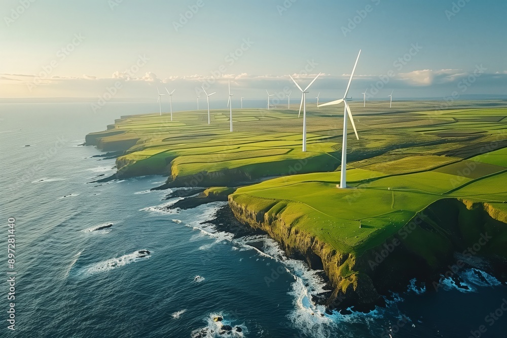 Wind farm spanning a coastal plain seen from above Realistic Bright ...