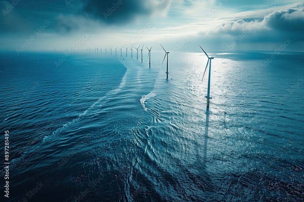 Offshore wind farm with turbines dotting the ocean captured from above ...