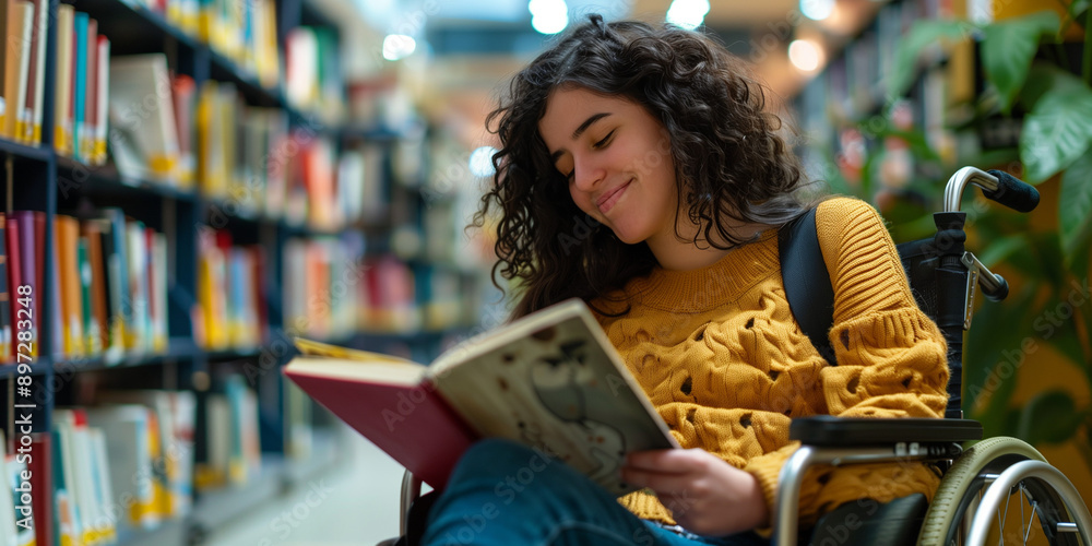 Happy young disabled female university student in wheelchair reading a ...