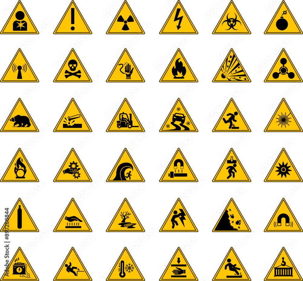 Yellow Danger Warning Signs. Vector Icons Biological Hazard, High ...