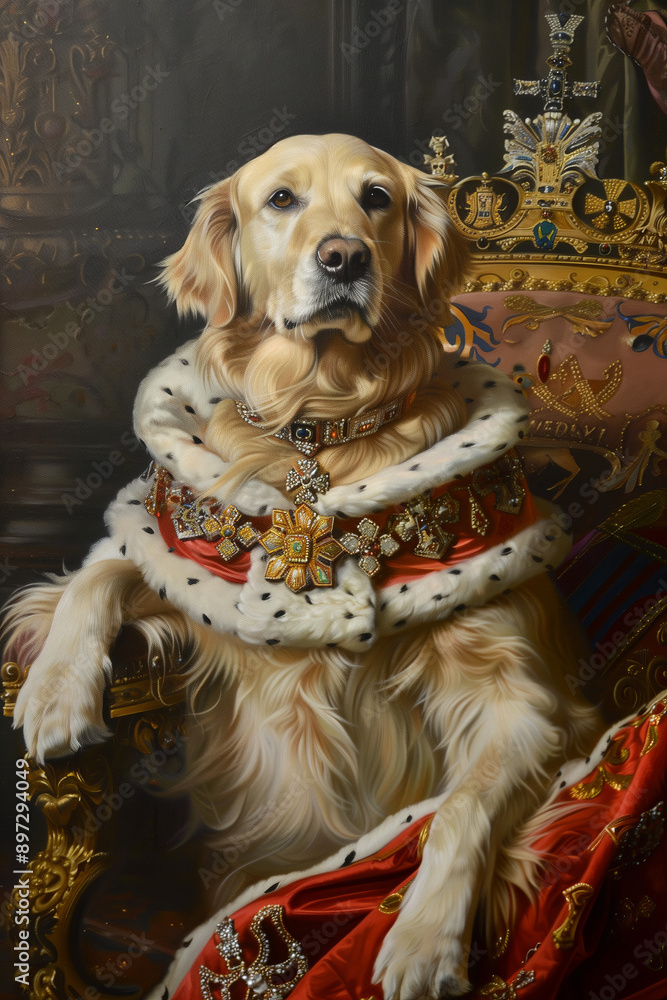 Portrait painting of a Golden Retriever in British king royal attire. A ...