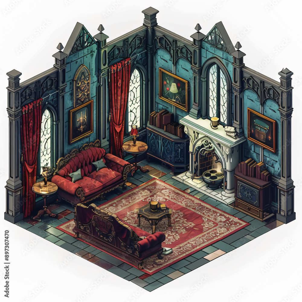 Gothic style living room, cutaway isometric low poly art, 3d with ...