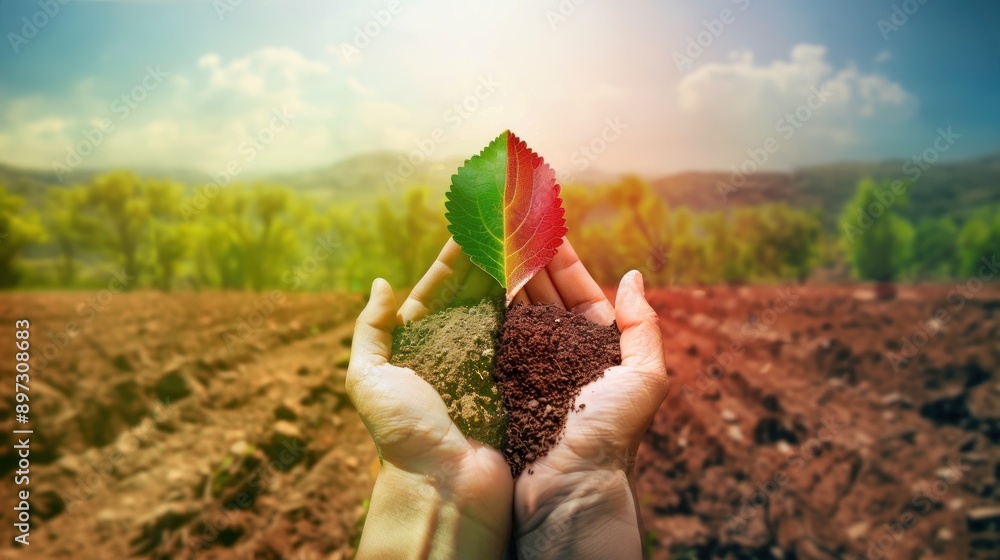 A split screen visual hand holding soil with half green and the other ...