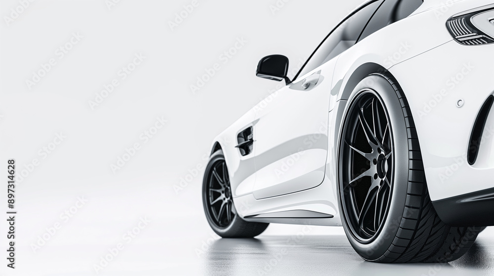 Elegant white car with black rims against a pristine white background ...