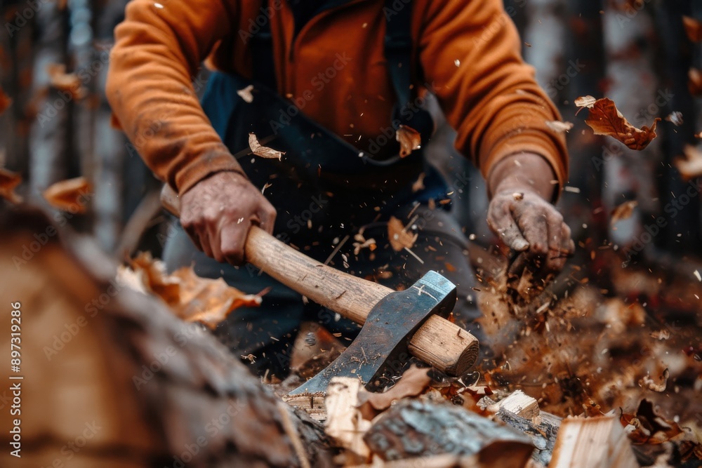A person in a forest is shown using an axe to chop wood, with leaves ...