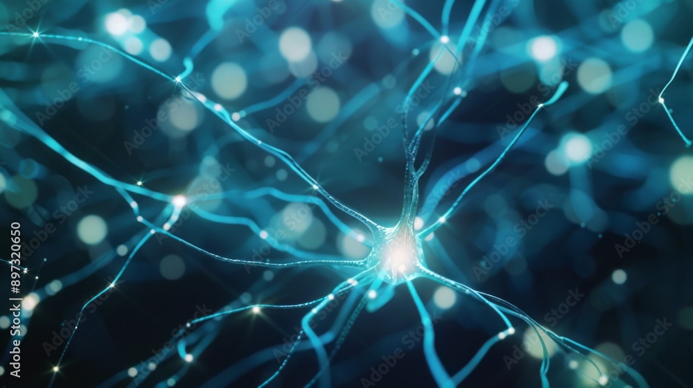 Glowing neuron connections. A vibrant illustration of a single neuron ...