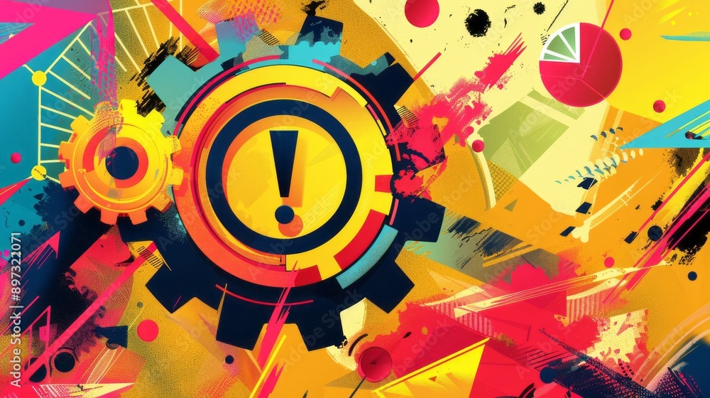 Attention alert gears warning sign. Vibrant artwork featuring gears and ...