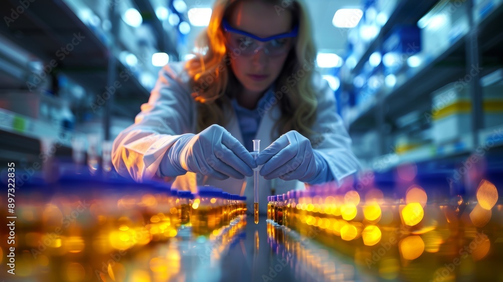 lab equipment arrangement, lab assistant is setting up test tubes and ...