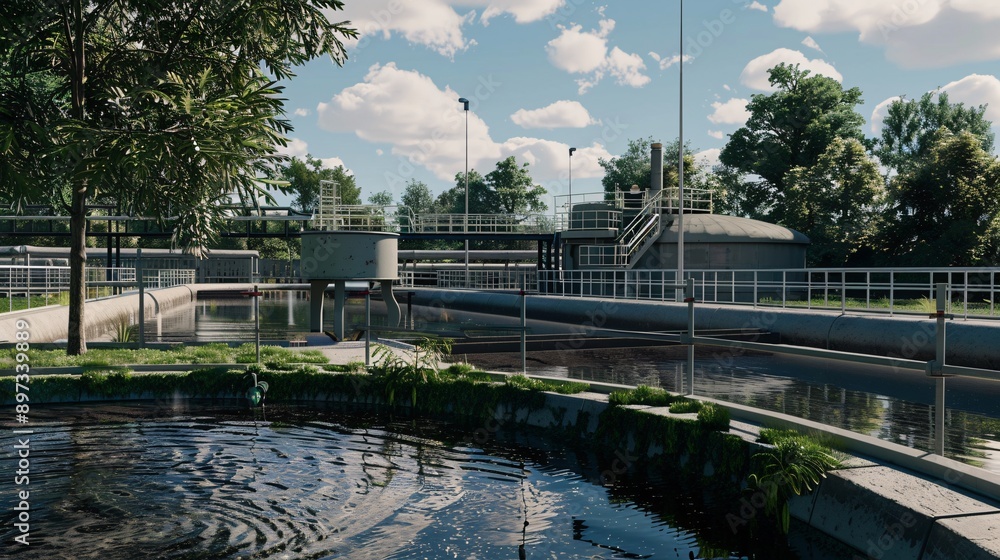 A modern wastewater treatment facility with large tanks and filtration ...