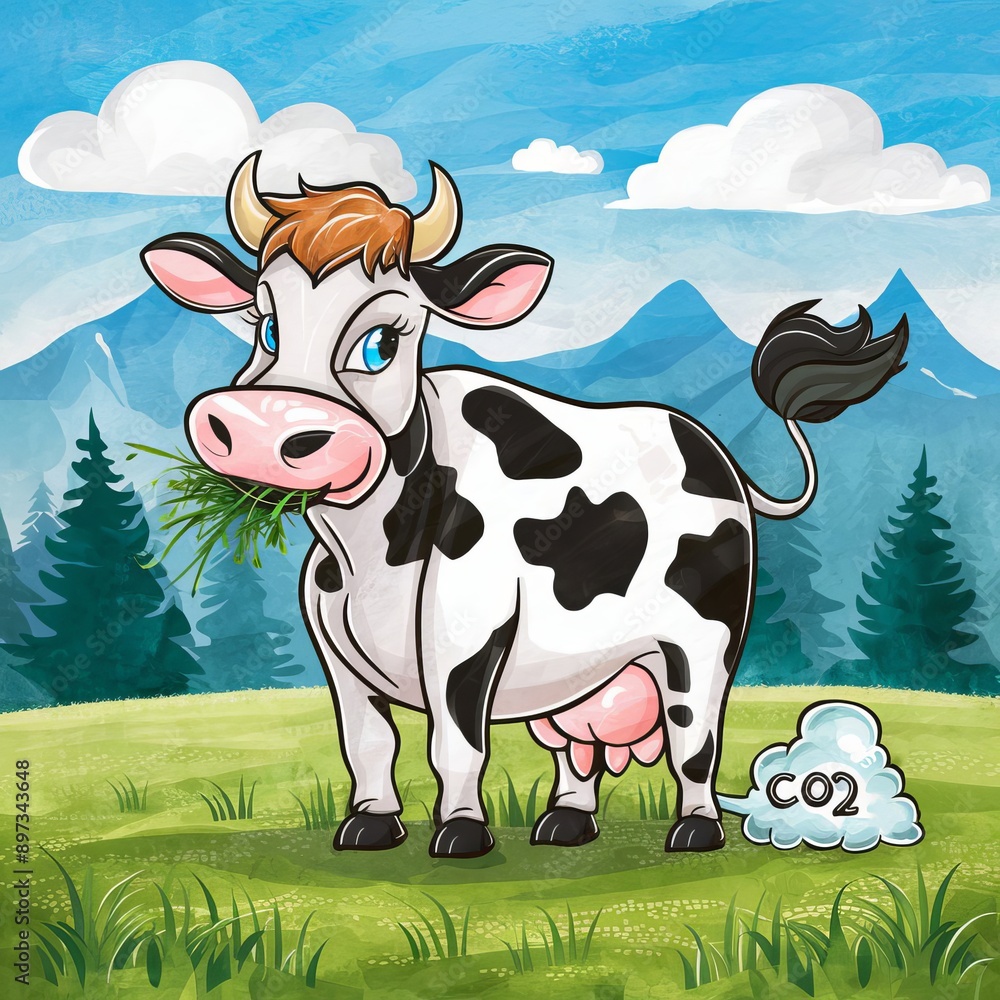 Cartoon cute cow chewing grass in a meadow, she farts a cloud of carbon ...