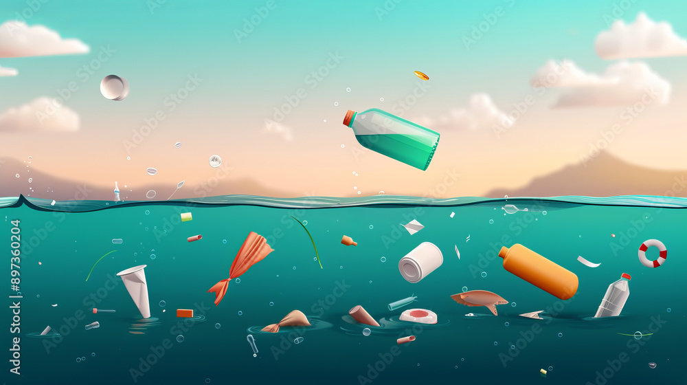 Illustration of various plastic waste floating in ocean water ...