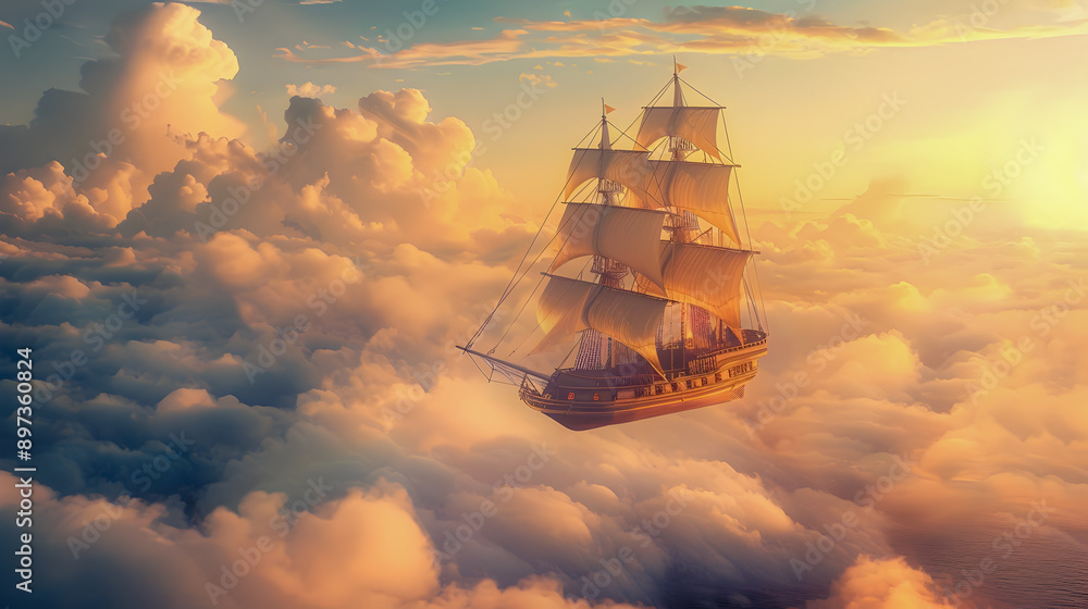 Vintage sailing ship soaring gracefully above a cloud filled sea its ...