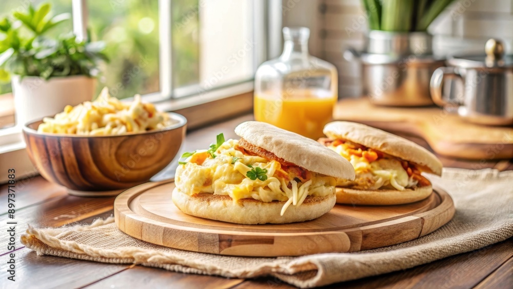 Arepas rellenas de huevos revueltos y vegetales, servidas en una mesa ...