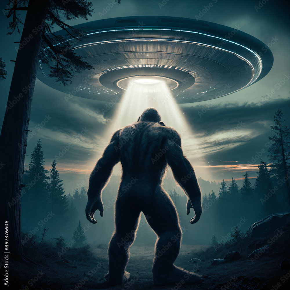 Bigfoot encounters UFO in misty forest. Small, furry creature gazes up ...