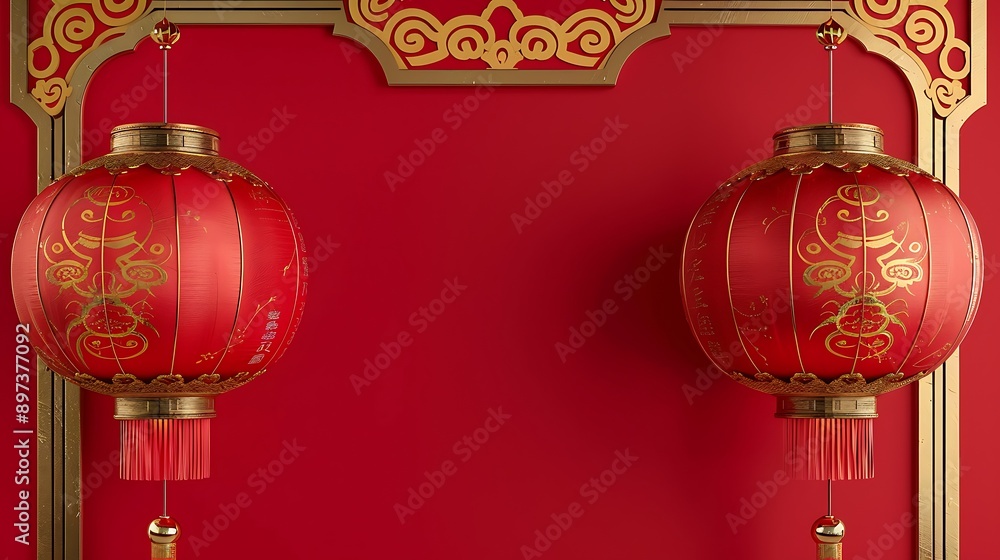Two red Chinese lanterns with gold designs and tassels at the top left ...