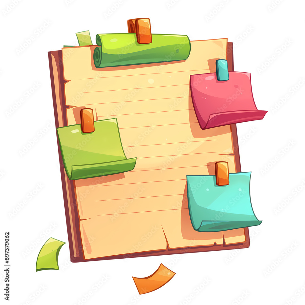 a 2d cartoon clipart drawing of sticky notes on an isolated transparent ...