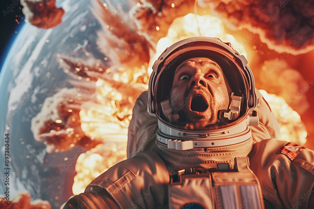 Shocked astronaut floating in space suit outside the space station with ...