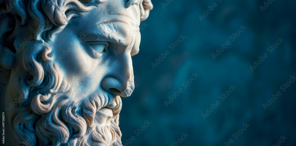 Ancient Greek philosopher statue, with a stoic expression and in a deep ...