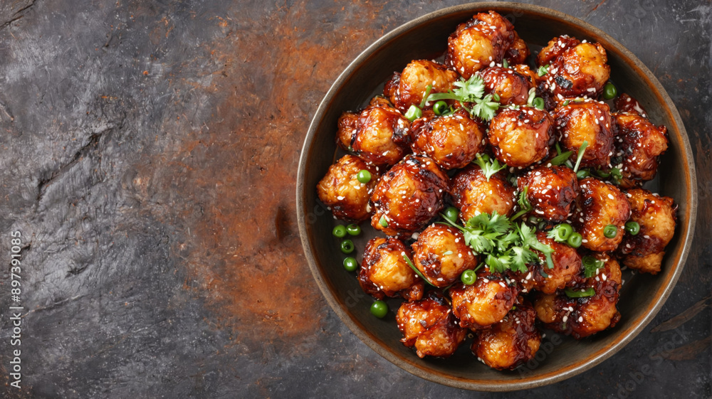 Bowl Asian-style chicken tater tots covered red sauce Indian Chi Stock ...