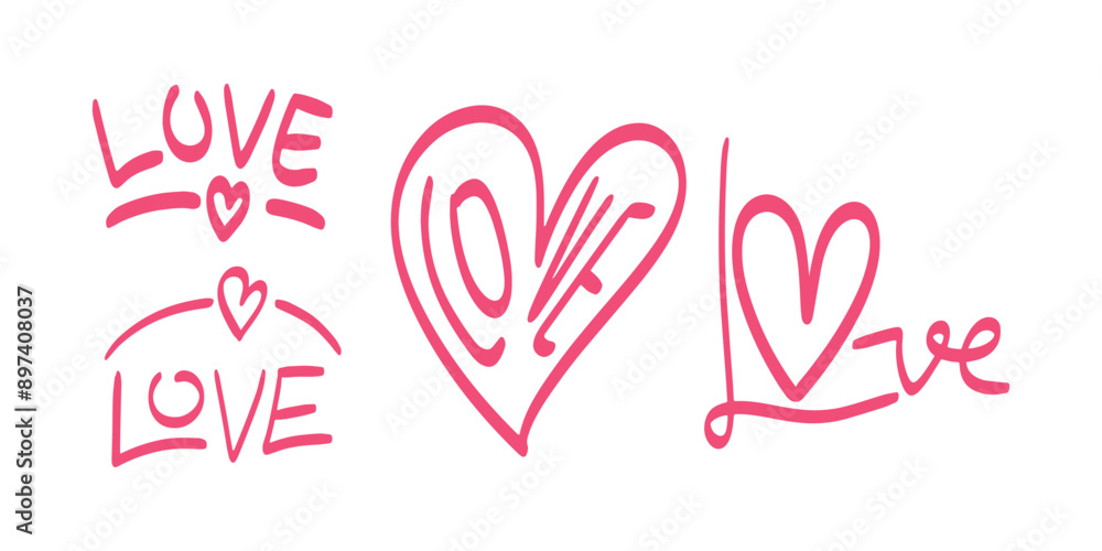 Continuous line drawing set of word Love. Calligraphy letter text love ...