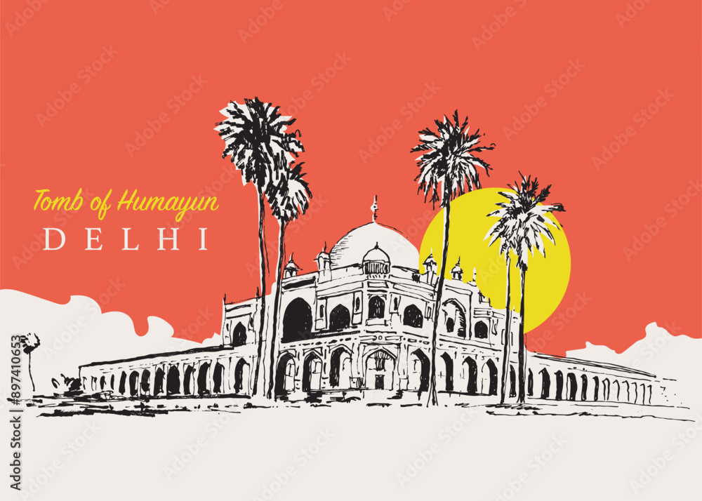 Drawing sketch illustration of the Tomb of Humayun in Delhi, India ...