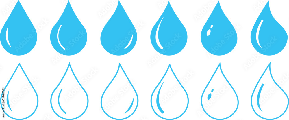 set of flat blue water drop and stroke outline isolated on transparent ...