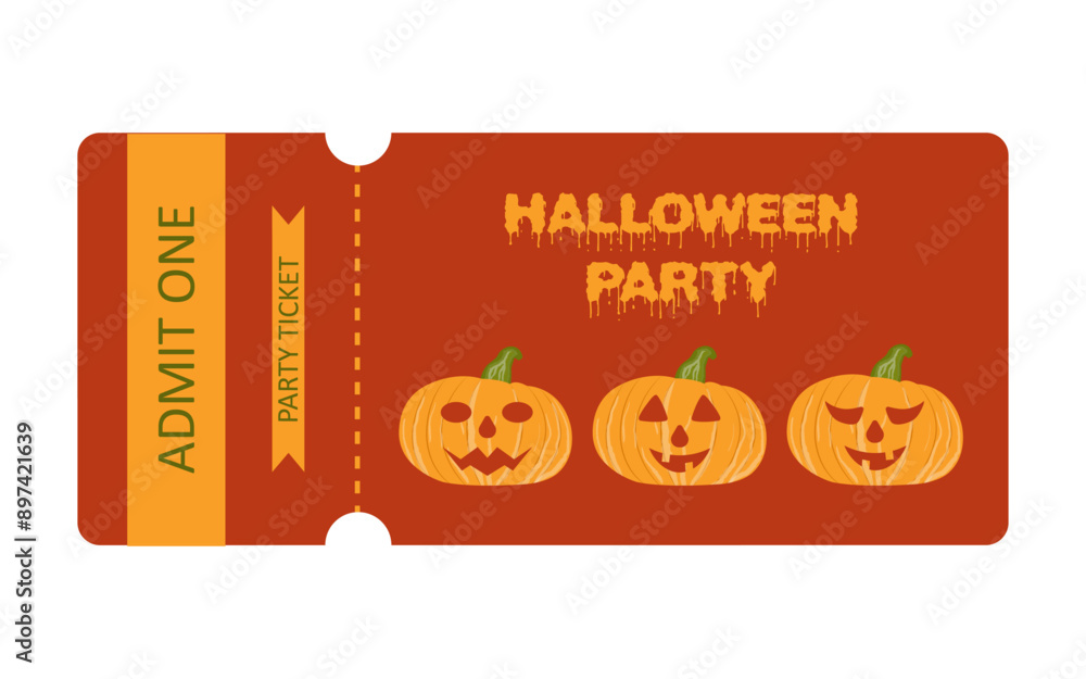 Halloween party ticket. An orange pumpkin with a scary face and a smile ...