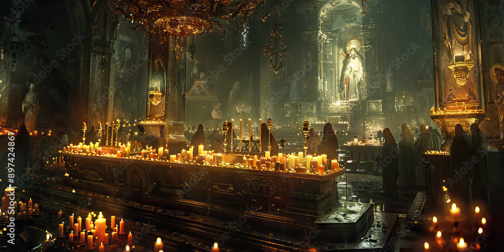 Bastion of Tradition: An ornate altar, adorned with flickering candles ...