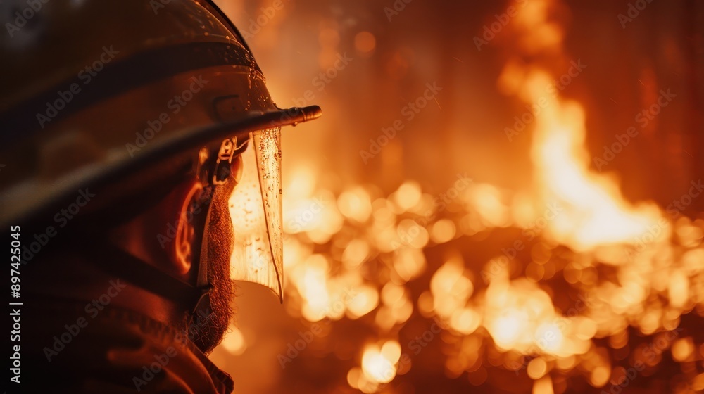 A firefighter stands amidst a raging fire, wearing a helmet and gear ...