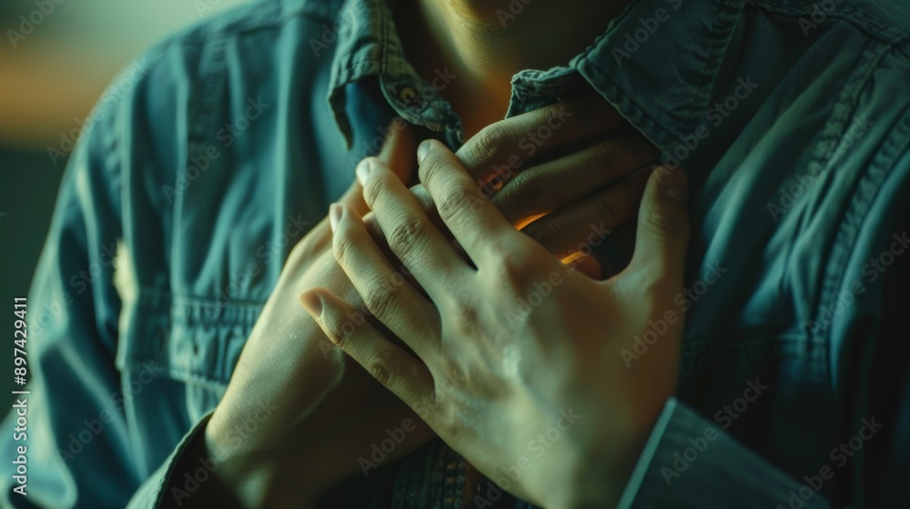 hand hold chest with heart attack symptoms, man have chest pain caused ...