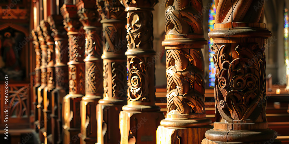 Pillars of Faith: A row of intricately carved wooden church pillars ...