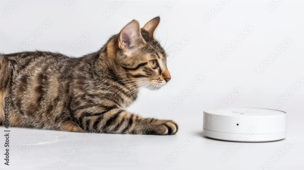 Curious Kitty: A playful tabby cat stares intently at a white, circular ...