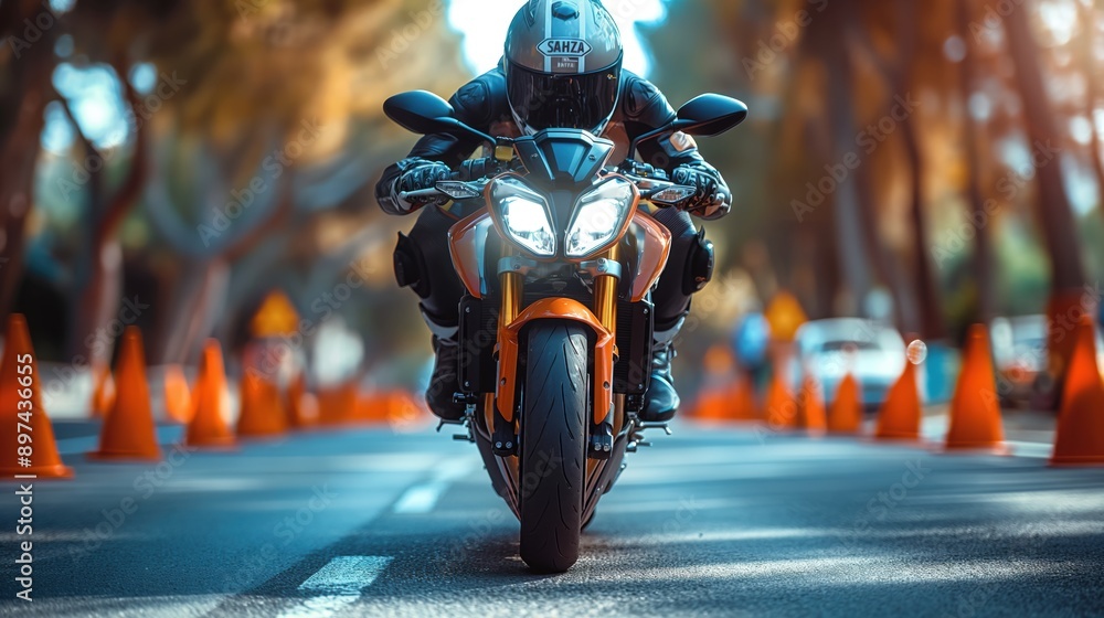 L-driver person drives slalom through the orange cones on motordrome on ...